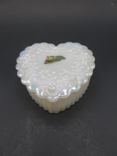 Fenton Iridescent Heart Shaped Trinket Trinket Box With Lid Embossed ...