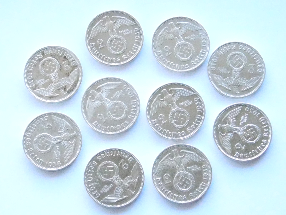 GERMAN Lot 10x 2 REICHSMARK 1937 - 1939 SWASTIKA Silver Coins 3rd Reich ...