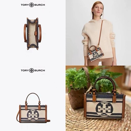 NWT Authentic!! Tory Burch - ELLA JACQUARD STRIPE MINI TOTE - Natural/Royal Navy | eBay