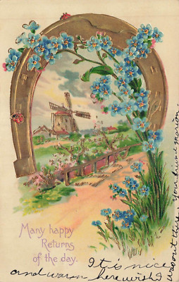 Vintage Many Happy Returns Postcard Windmill Gold Horse Shoe Omaha NE ...