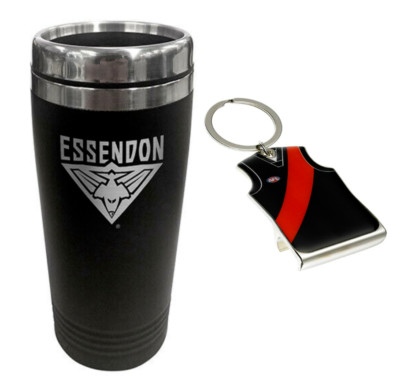 AFL ESSENDON BOMBERS 450ML STAINLESS COFFEE TRAVEL MUG & BOTTLE OPENER ...