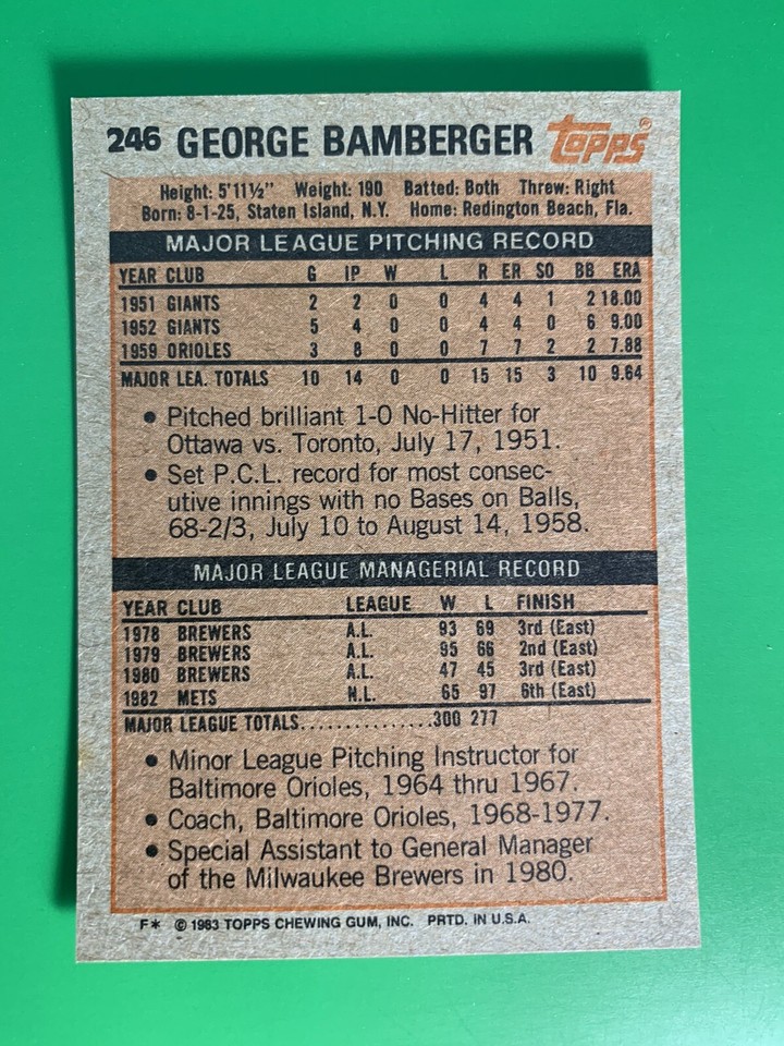 1983 Topps George Bamberger MGR #246 New York Mets | eBay