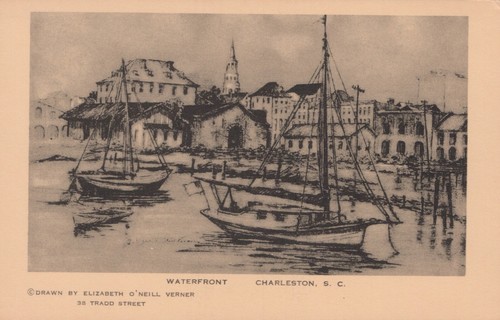 Waterfront Charleston SC Drawing by Elizabeth Verner Whiteborder VTG ...