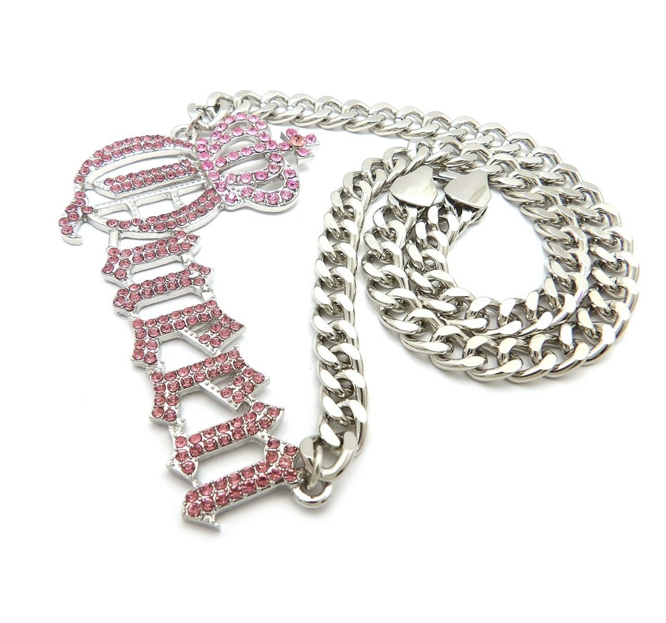 WOMEN'S ICED BLING PINK CROWNED QUEEN PENDANT & 18" CUBAN CHOKER CHAIN ...