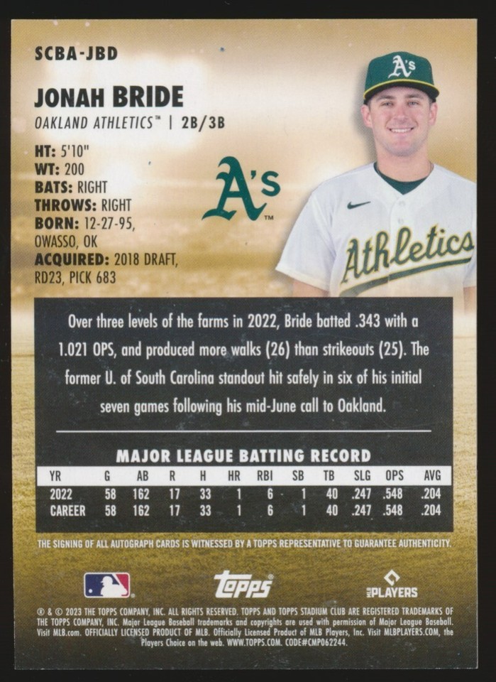JONAH BRIDE 2023 Topps Stadium Club ON CARD AUTO RC OAKLAND ATHLETICS ...