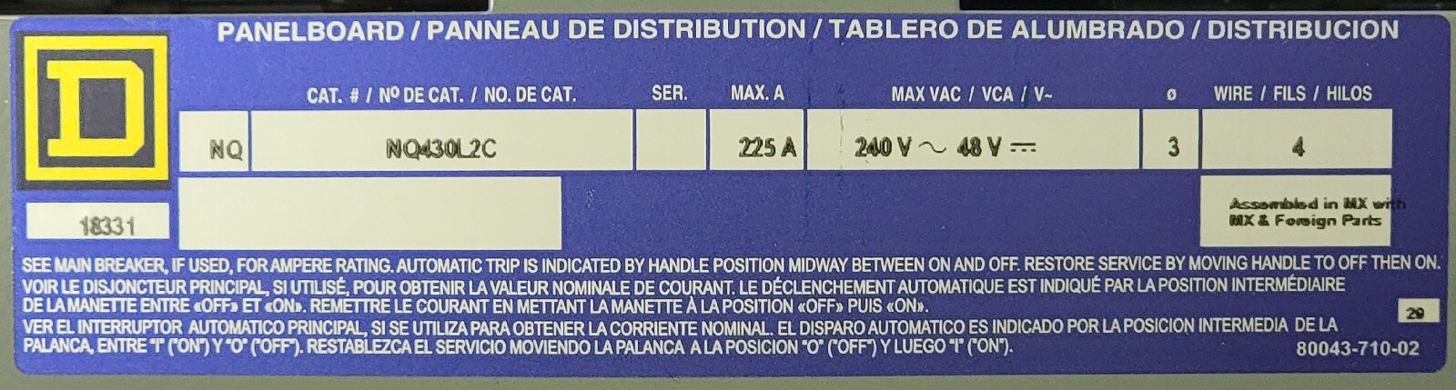 Square D NQ430L2C 225A 3 Phase 240V 30 Space Main Lug Panel Interior ...