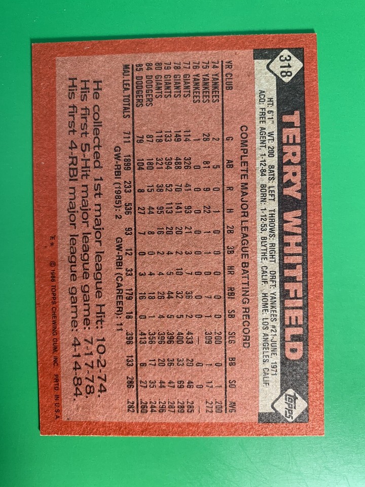 1986 Topps Terry Whitfield #318 Los Angeles Dodgers | eBay
