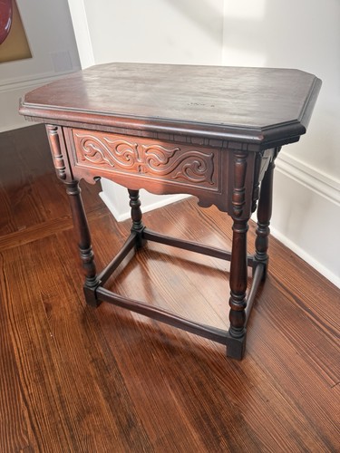 Vintage Style Solid Wood Accent Table – Carved Panels & Turned Legs | eBay