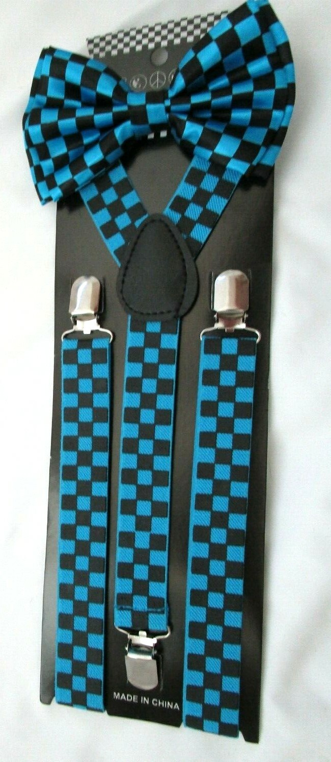 SHINY TURQUOISE BLUE CHECKER STRAP BOW TIE+TURQUOISE BLUE CHECKERS ...