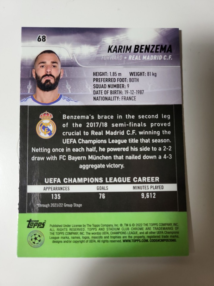 2022 Stadium Club Chrome Champions League Karim Benzema card #68 | eBay