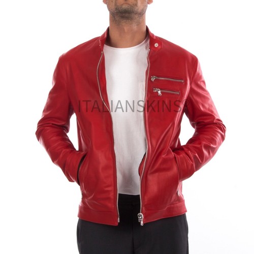 Italian handmade men genuine lamb leather slim fit jacket color RED XS ...