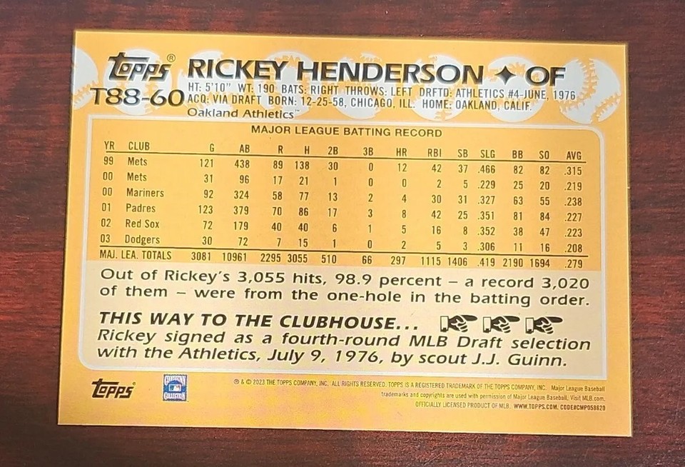 RICKEY HENDERSON, 1988 Topps Baseball, 2023 Topps Series 1 -#T88-60 ...
