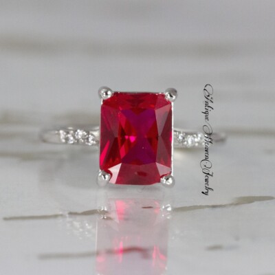 Lab Created Emerald Cut Ruby Ring, Ruby Ring, July Birthstone, Dainty ...