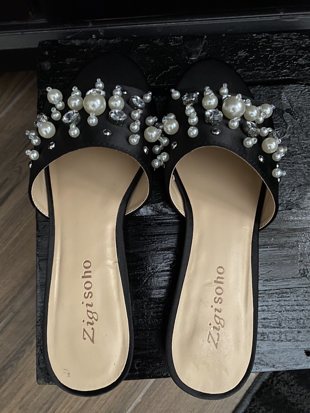 Zigi Soho Edina Black Satin Pearl & Crystal Rhinestone Sandal Slides ...