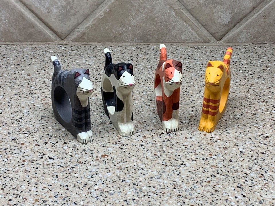 X4~Cat Napkin Rings~from Hallmark~4 different patterns~Hand Painted~EUC ...