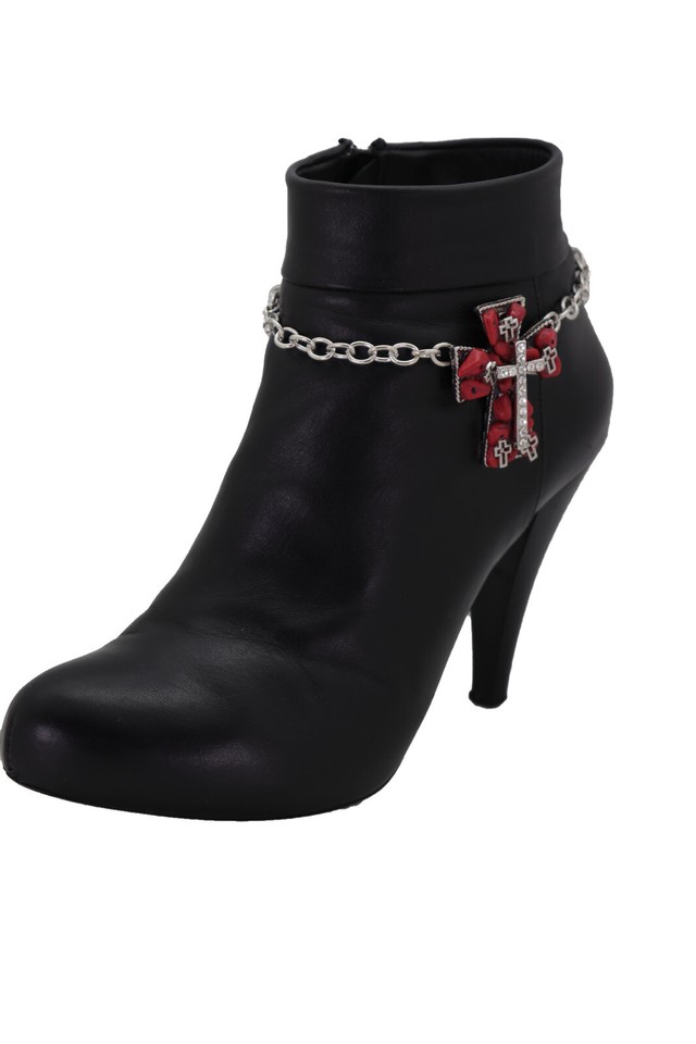 Women Silver Metal Chain Boot Bracelet Shoe Anklet Red Cross Charm ...