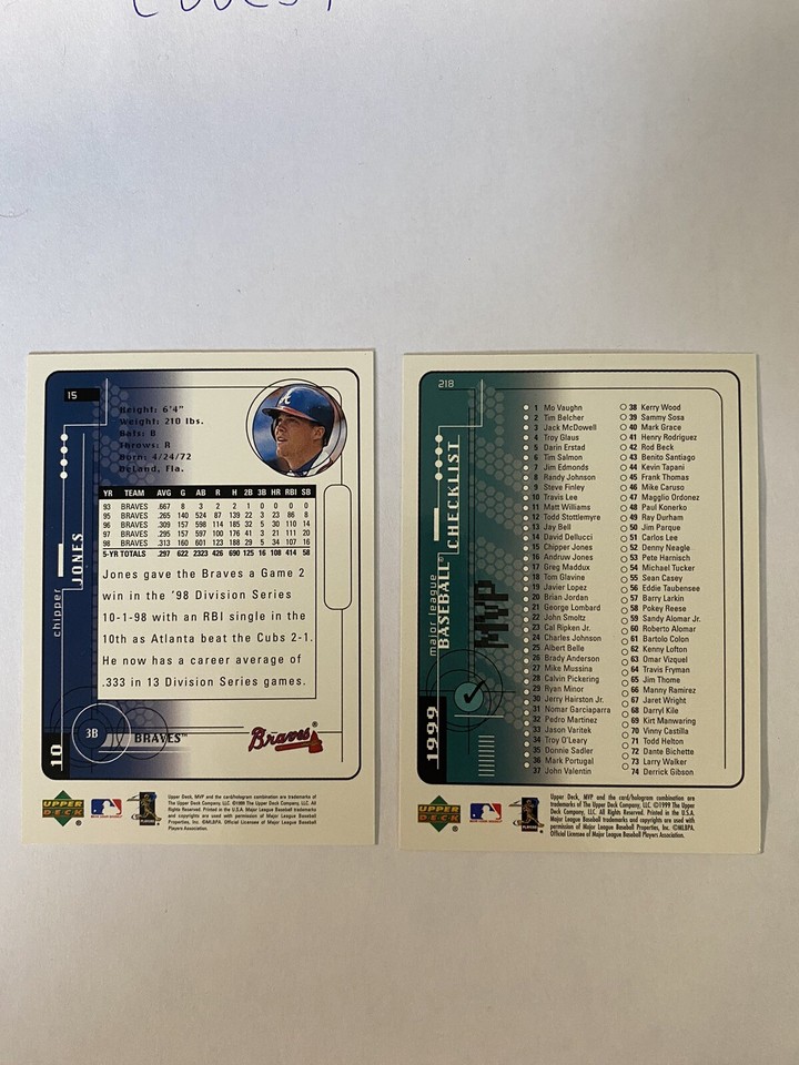 1999 Upper Deck MVP Ken Griffey Jr & Chipper Jones Checklist #218 #15 ...