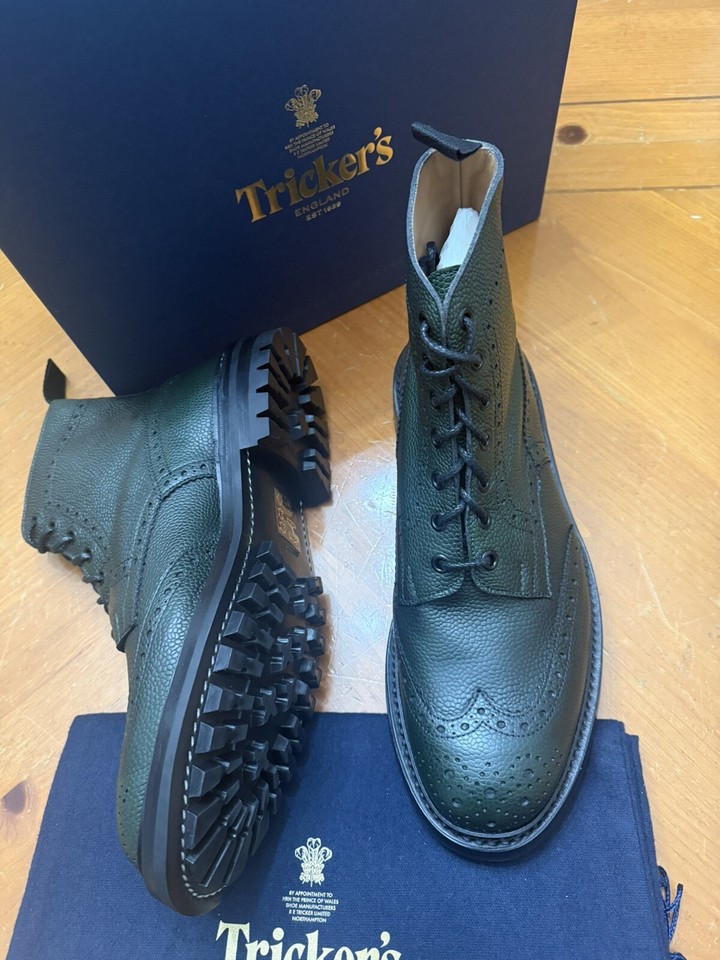 Made In UK - 11 US (10UK) - Trickers -Stow Boots - GREEN Scotch Grain ...