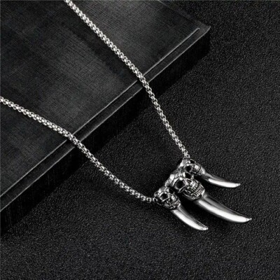 SKULLS WOLF FANGS PENDANT STAINLESS STEEL NECKLACE BIKER GOTHIC HIP HOP ...