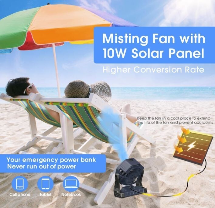 Best 10W Portable Misting Solar Camping Fan with Solar Panel 250ML ...
