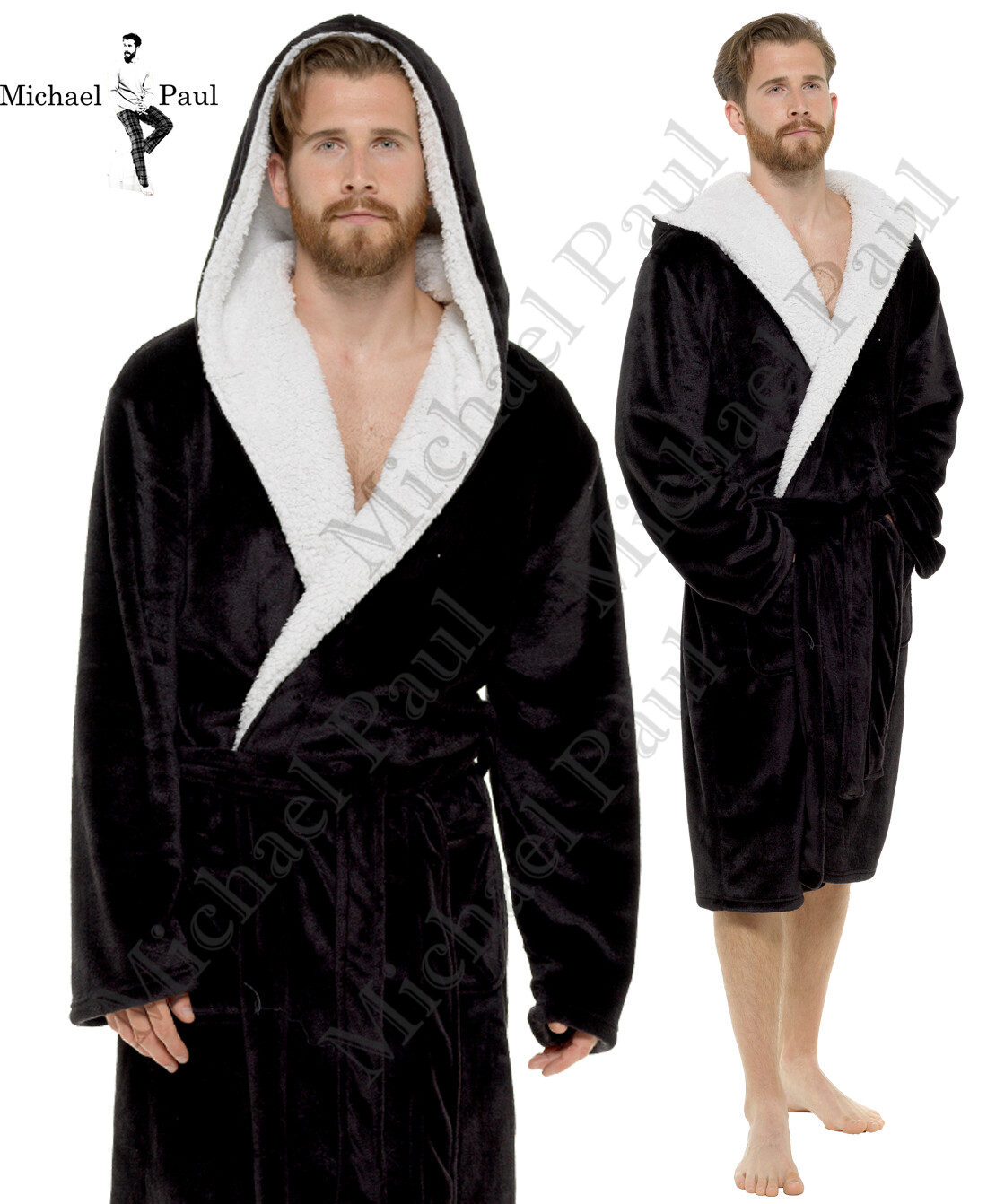 MENS DRESSING GOWN SOFT & COZY HOODED FLEECE BATHROBE ROBE SIZES M ...