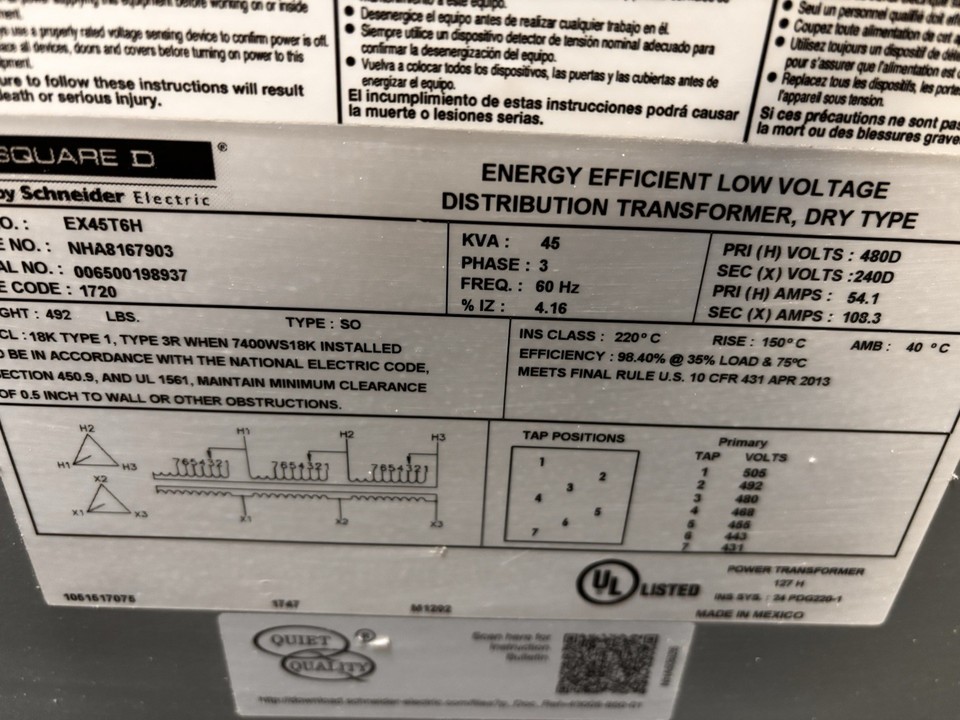 SQUARE D 45 KVA 3 PHASE TRANSFORMER 480 DELTA HV 240 LV DELTA 45T6H | eBay