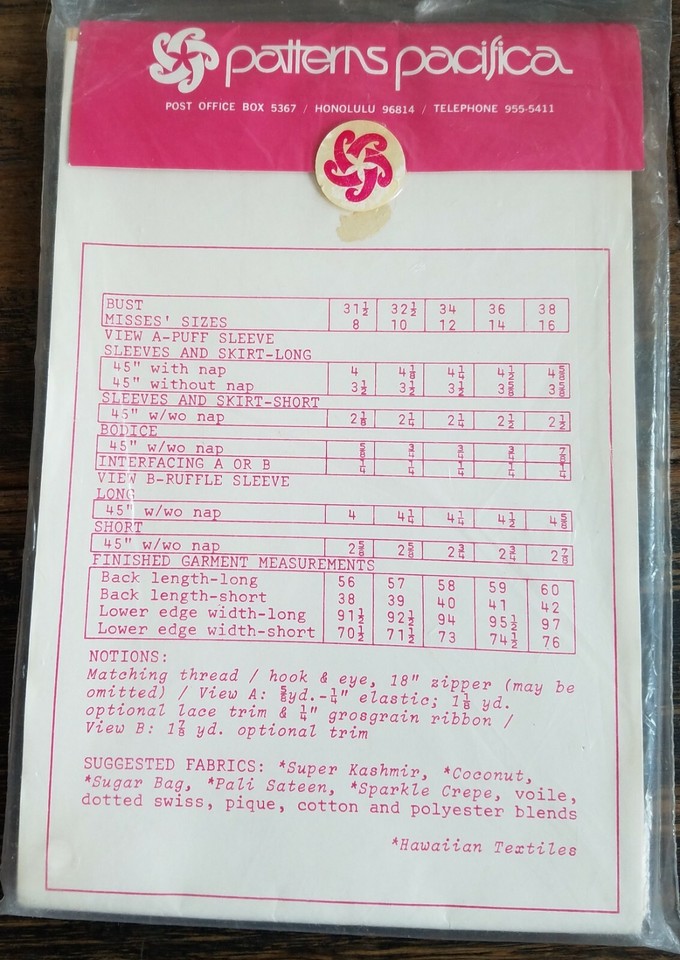 Vintage 1970s Uncut Patterns Pacifica Sew Pattern 3033 Size 10 Hawaiian ...