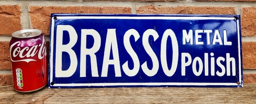 SUPERB RECTANGULAR BRASSO METAL POLISH ENAMEL SIGN - MANCAVE / GARAGE ...