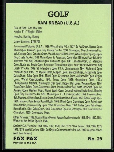 1993 Fax-Pax Famous Golfers #29 Sam Snead | eBay