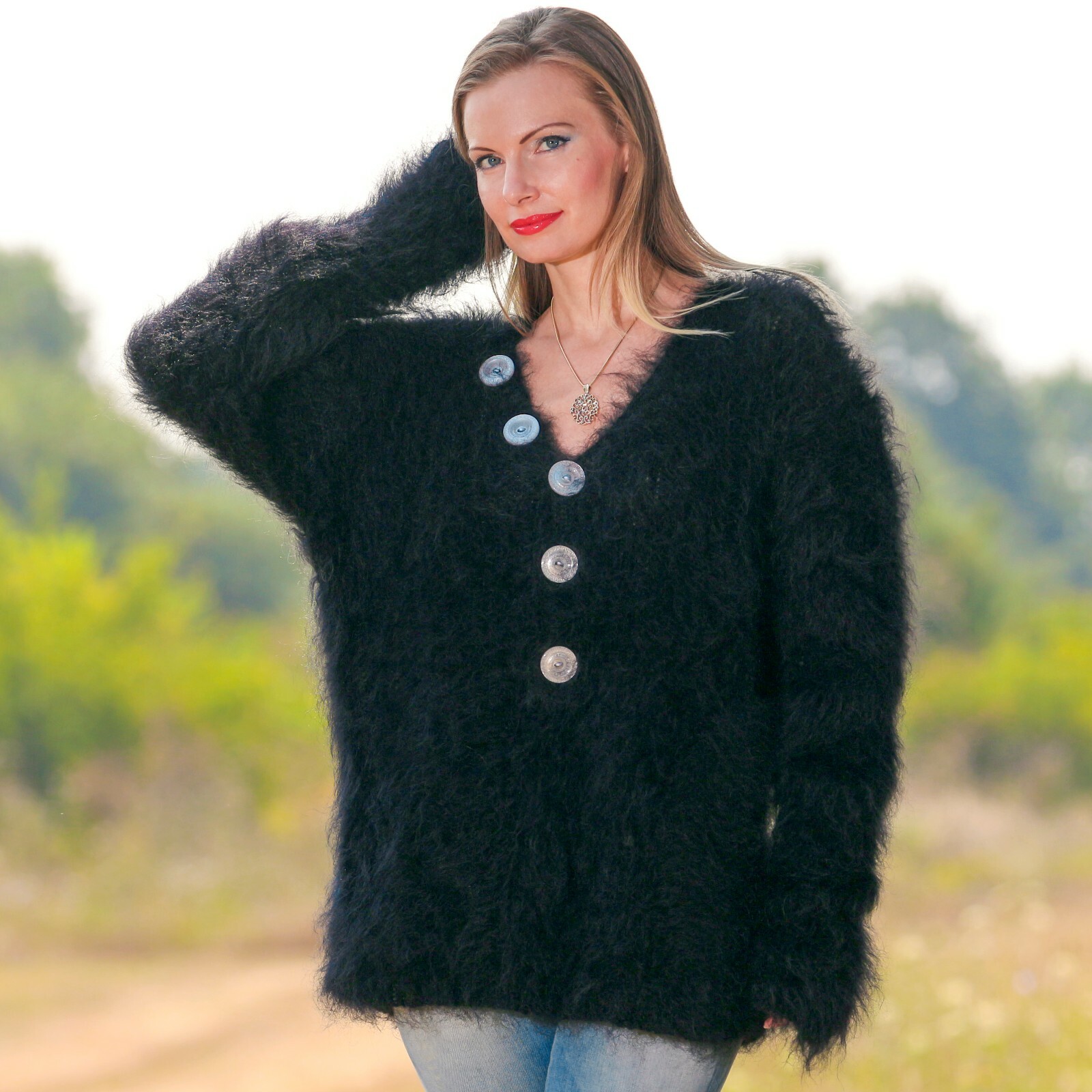 Fuzzy mohair sweater sexy top V neck jumper hand knit fluffy knitwear ...