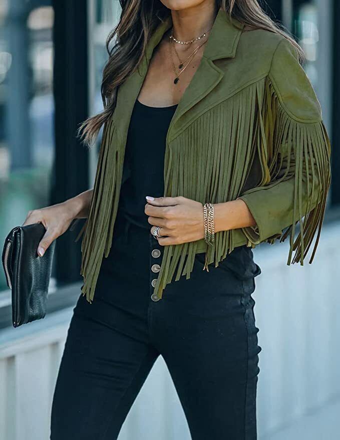 Women's Chic Cropped Tassel Fringe Faux Suede Moto Jacket - Chartou ...