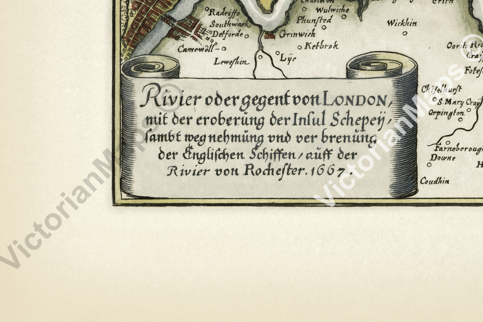 antique early map Thames river London estuary Sheppey Isle Merian 1667 ...