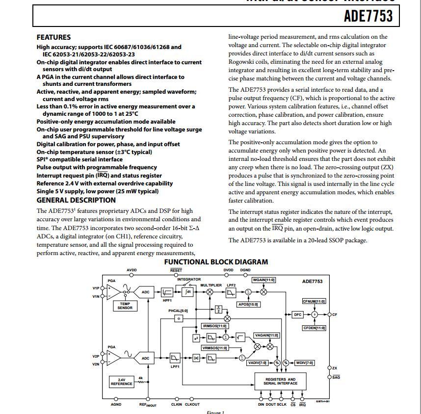 1X ADE7753ARS Energy Metering with sensor interface IC | eBay