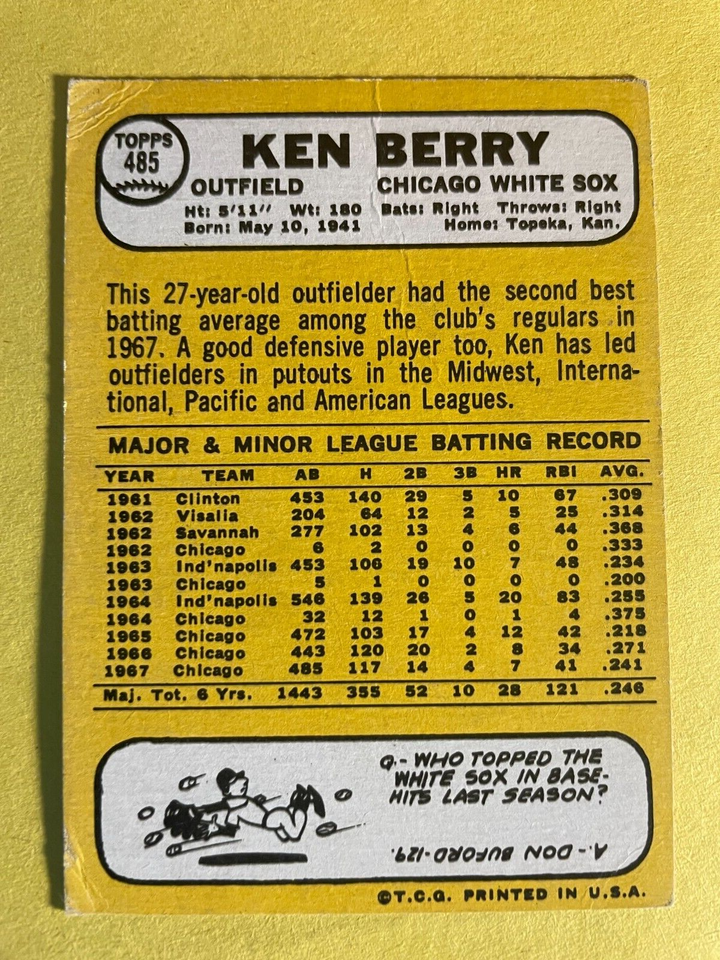 SIGNED KEN BERRY 1968 TOPPS BASEBALL CARD AUTOGRAPHED - WHITE SOX | eBay