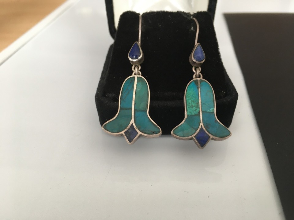 Vtg Earrings MARKED 950 STERLING SILVER Pierced Dangle Turquoise ...