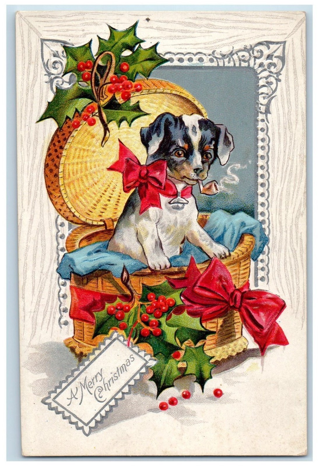 c1910's Christmas Beagle Dog Smoking Pipe In Basket Embossed Bamforth ...