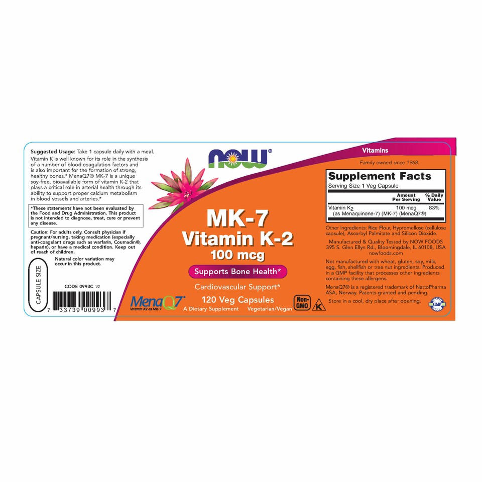 NOW Foods MK-7 Vitamin K2 100mcg 120 Veg Capsules Immune Bone ...