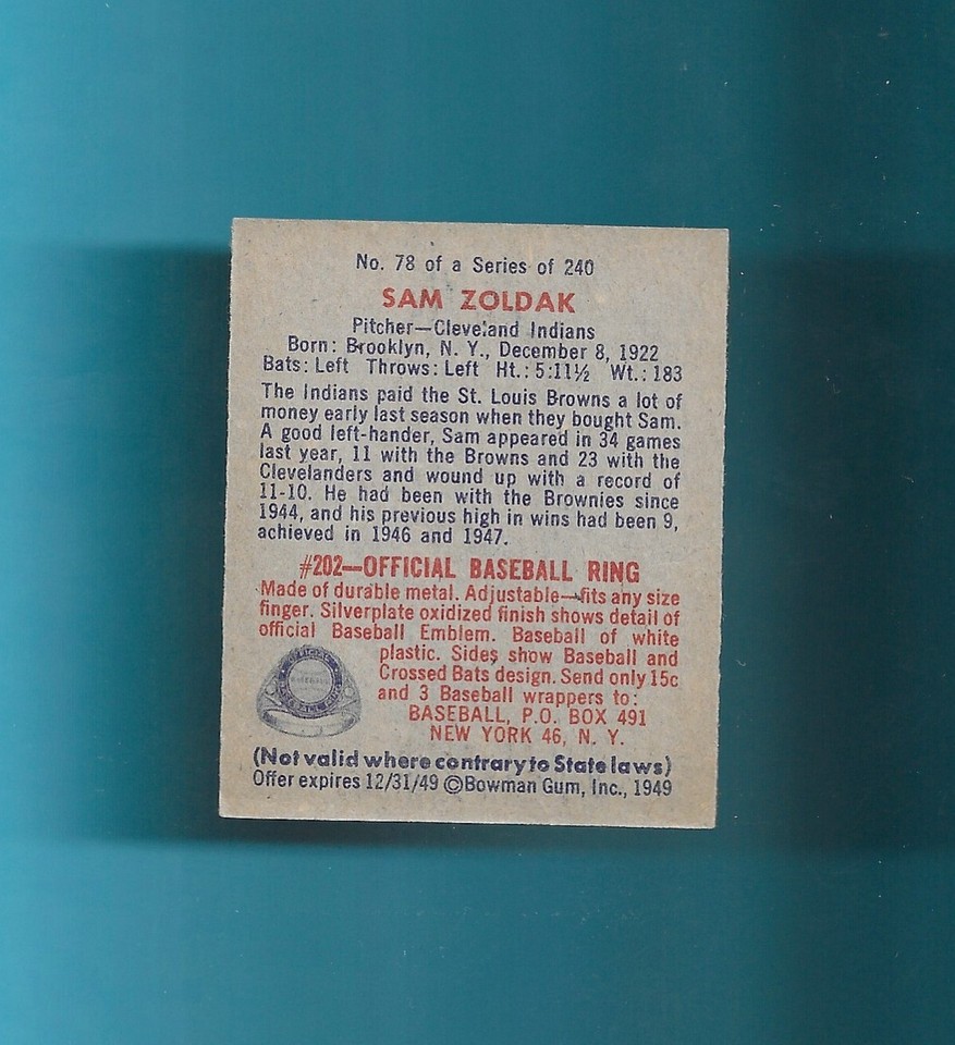 SHARP-NO CREASES! SAM ZOLDAK-Cleveland! 1949 Bowman #78 Rookie RC NO ...