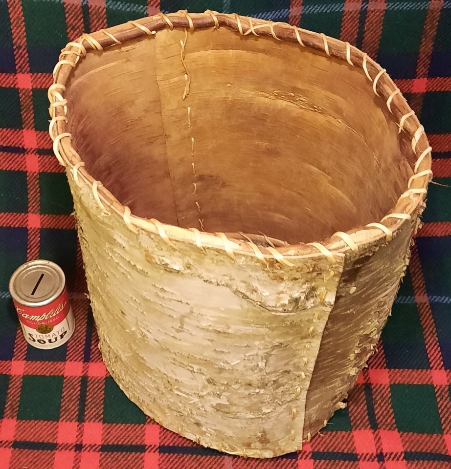 LARGE birch bark basket vtg log cabin decor wood tree wastepaper art ...