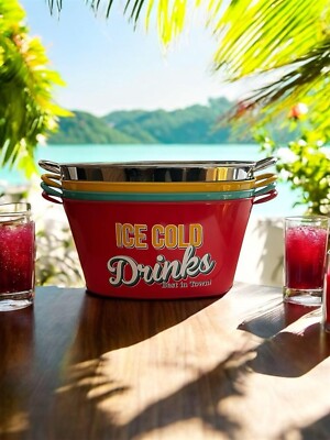 Retro Large Ice Cold Drinks Metal Bucket, Oval Party Beverage Tub with ...