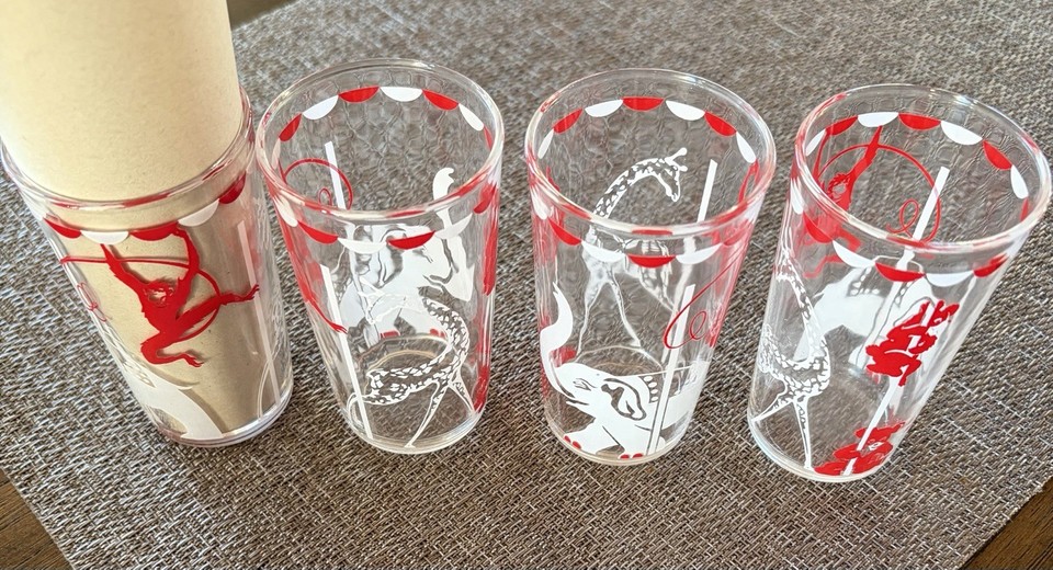 Vintage 1950's Set Of Four Circus Theme Glasses Monkey, Elephant ...