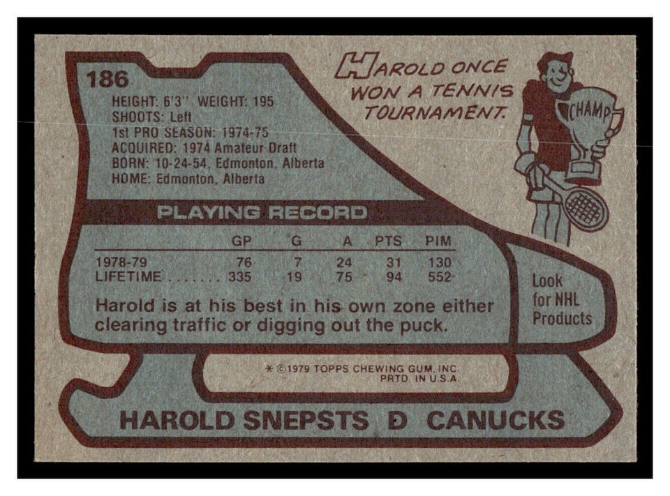 1979 Topps Hockey #186 Harold Snepsts OOK26 | eBay