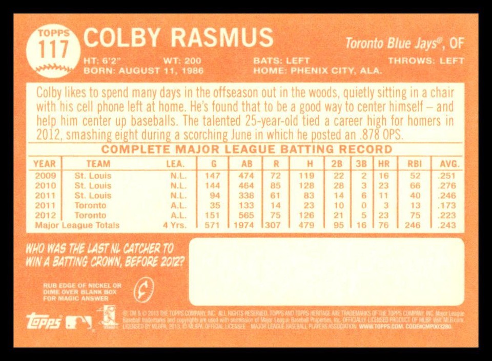 2013 Topps Heritage #117 Colby Rasmus Toronto Blue Jays | eBay