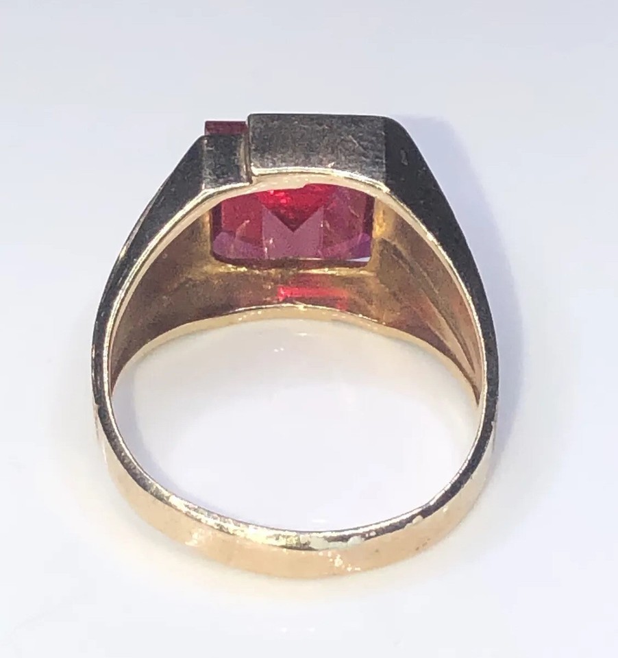 Men's 14k Solid Yellow Gold Signet Ring With Red Lab Created Ruby Stone ...