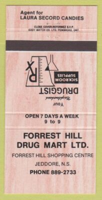 Matchbook Cover - Forrest Hill Drug Store Jeddore NS 30 Strike | eBay