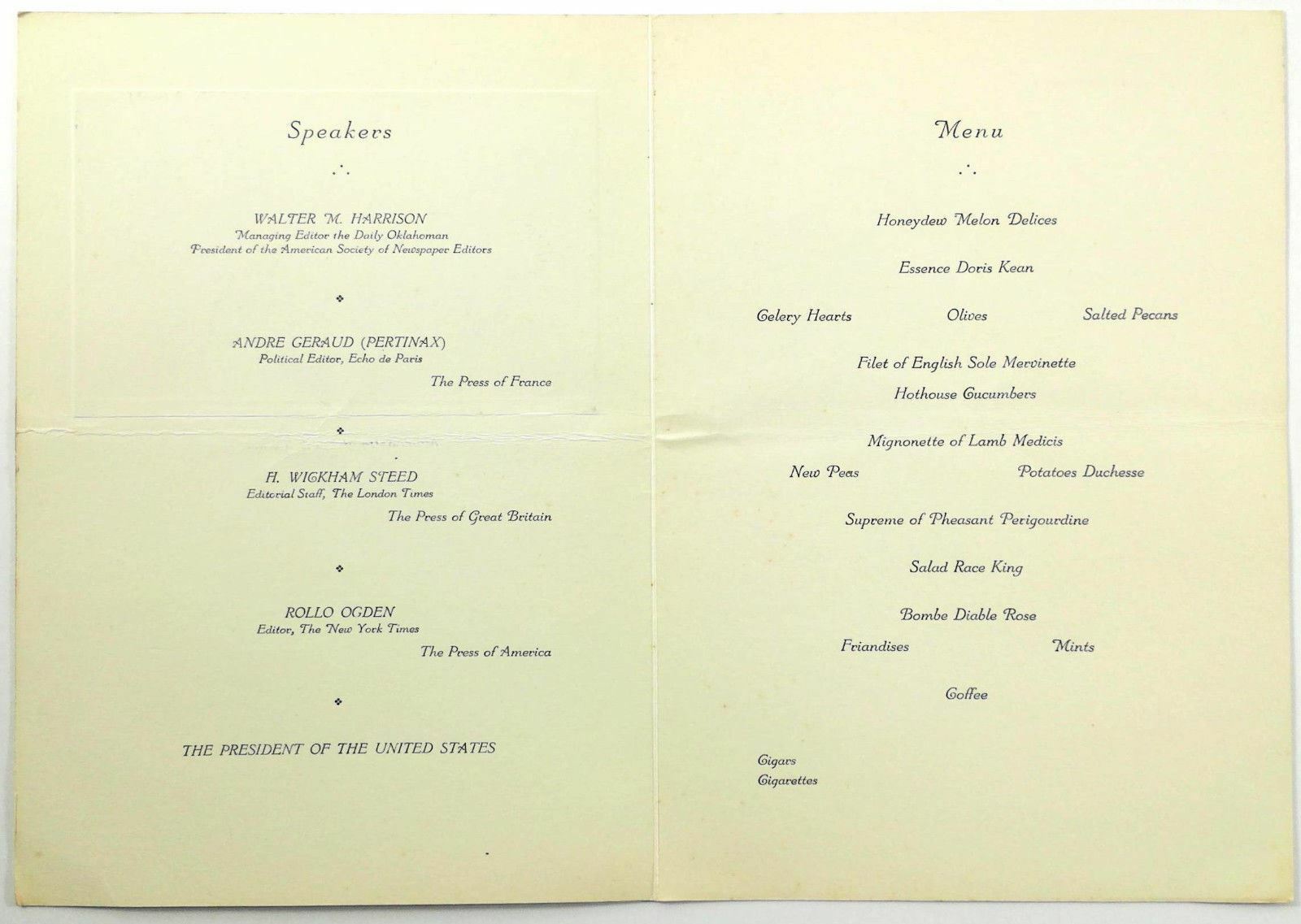 1930 Dinner Menu AMERICAN SOCIETY NEWSPAPER EDITORS Willard Hotel ...