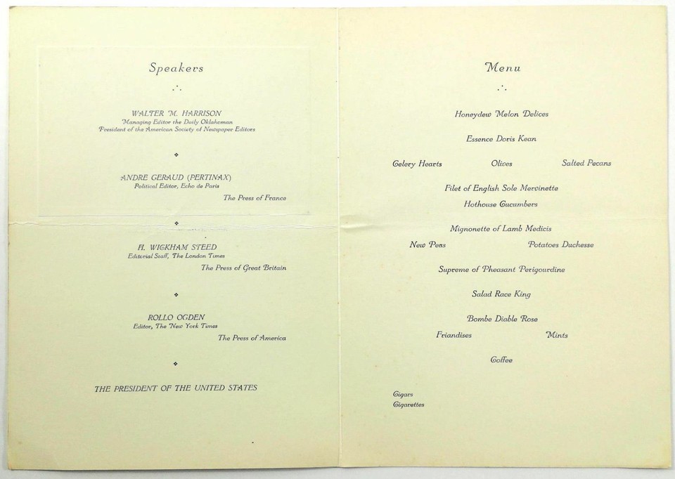 1930 Dinner Menu AMERICAN SOCIETY NEWSPAPER EDITORS Willard Hotel ...