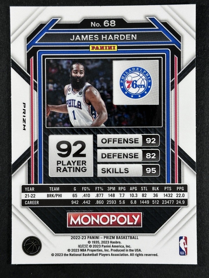 2022-23 Panini Prizm Monopoly James Harden White Sparkle #68 SSP | eBay