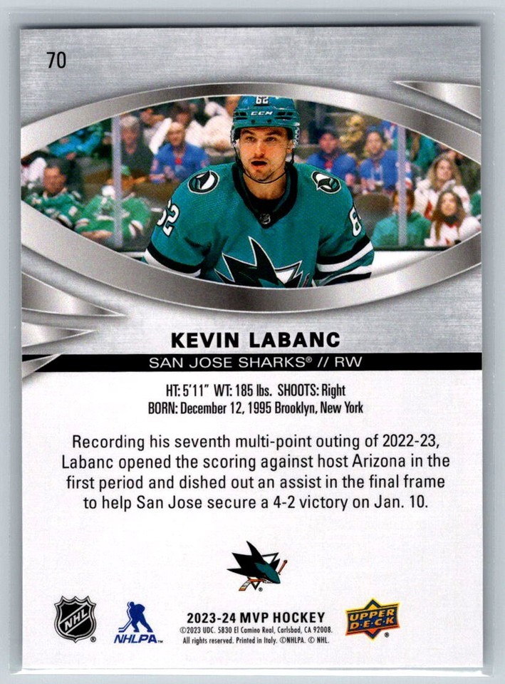 2023 Upper Deck MVP #70 Kevin Labanc San Jose Sharks Silver Script | eBay