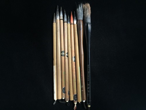 L1364 Japanese Calligraphy Brush Set FUDE Vintage SHODO Tool 9pc KANJI ...